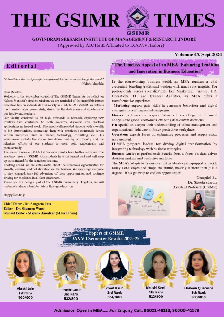 Best MBA Colleges in Indore - GSIMR Indore
